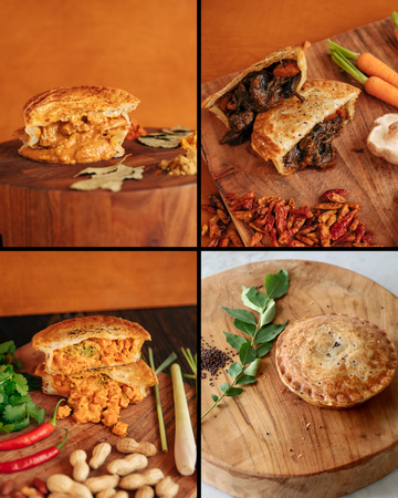 Roti Bros | Pies made with a flaky roti pastry.