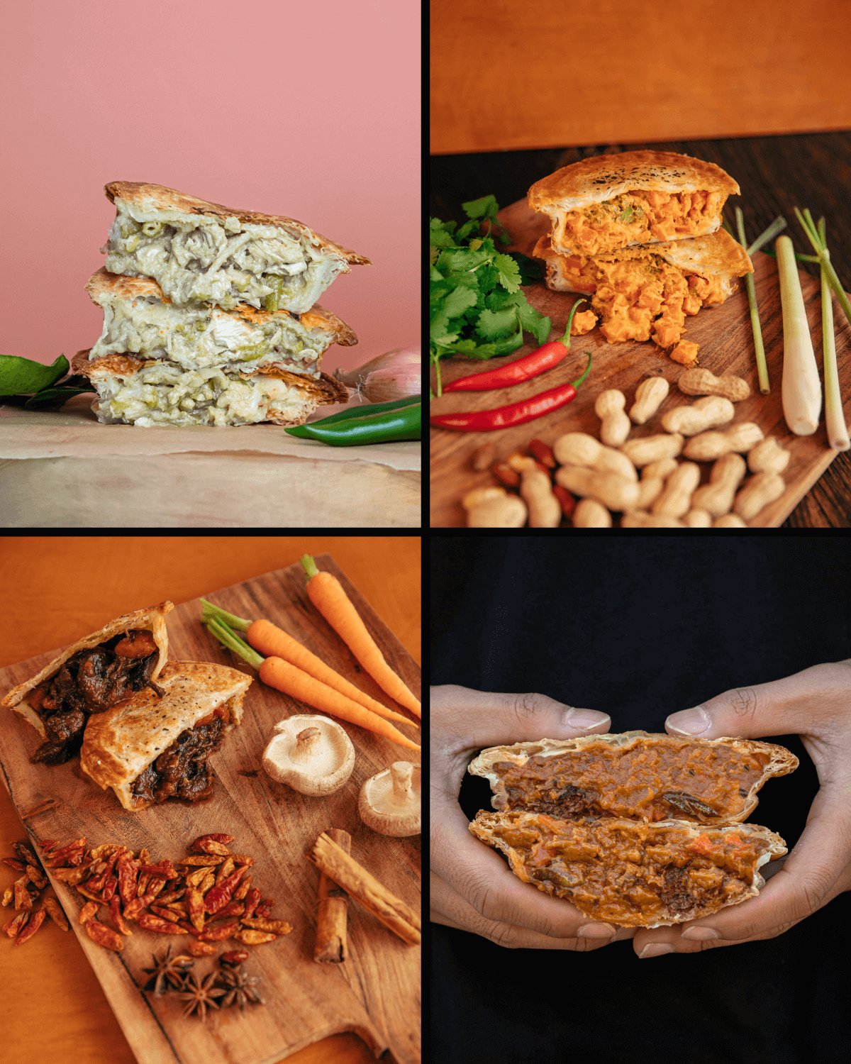 Roti Bros | Pies made with a flaky roti pastry.