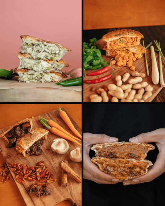 Roti Bros | Pies made with a flaky roti pastry.